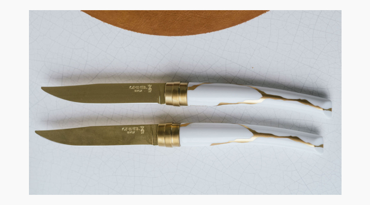 Set of 2 White Kintsugi Gold Blade table knives | Opinel.com